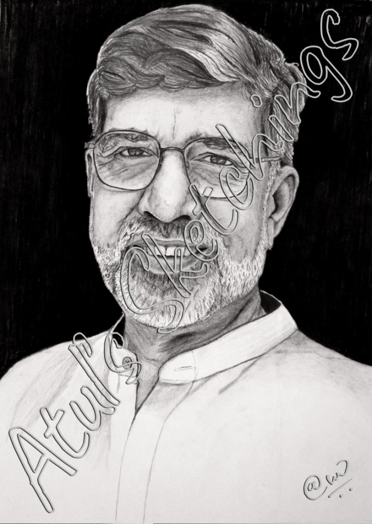 Kailash Satyarthi Pencil Sketch, Drawing, Realistic Art